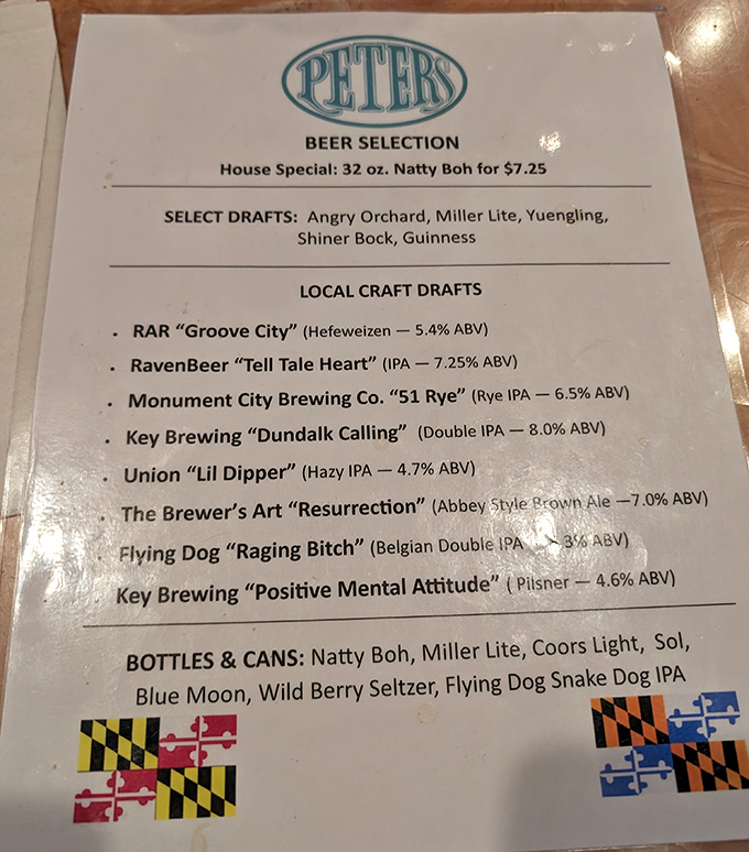 The beer menu reads like a love letter to Maryland brewing, from nostalgic Natty Boh to craft creations with literary nods. 