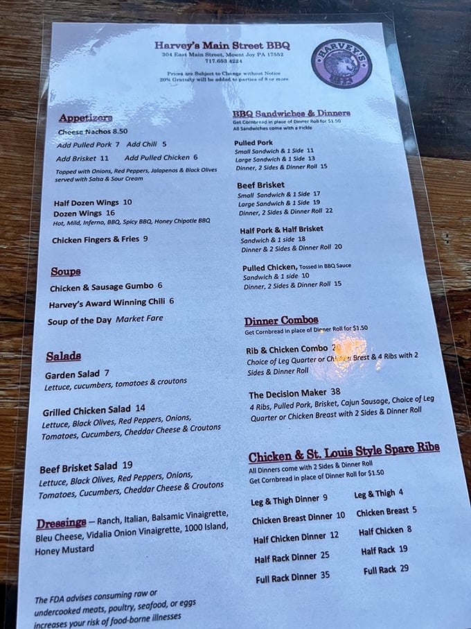 A menu that reads like poetry to meat lovers. Shakespeare wrote sonnets; Harvey's writes in smoked protein and sides.