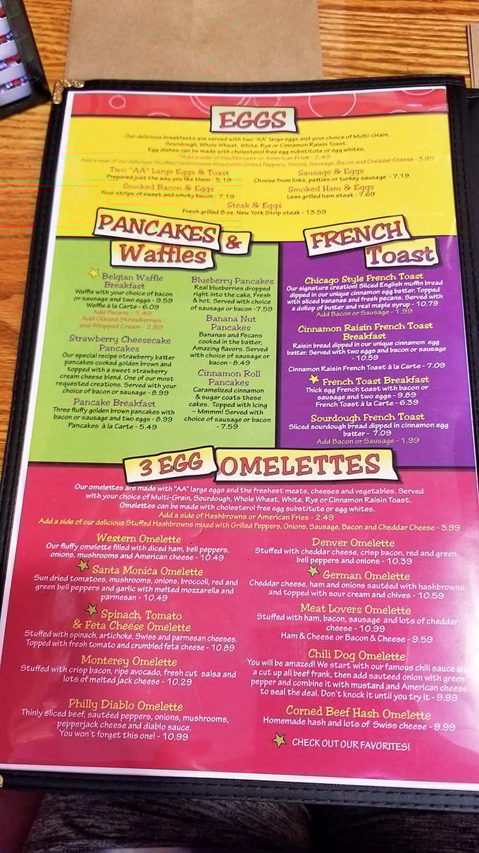 This menu isn't just colorful&mdash;it's a roadmap to breakfast nirvana. Choose your own adventure, but pack your appetite.