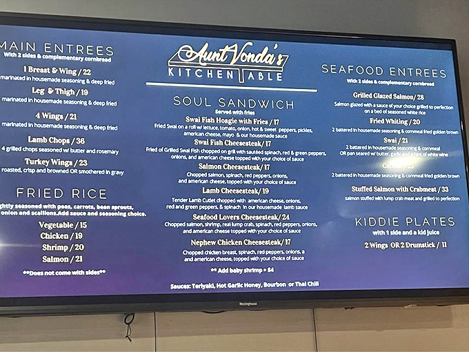 Menu magic! Aunt Vonda's offerings read like a soul food love letter, from those famous turkey wings to creative seafood cheesesteaks.