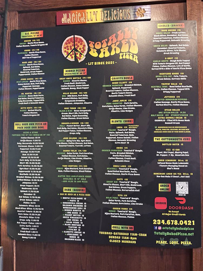 The menu reads like a Grateful Dead setlist &ndash; with "Mary Jane" and "Jimi Hendrix" pizzas that are guaranteed to satisfy your munchies.