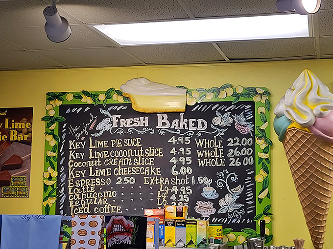 The hand-painted menu board, framed by whimsical lime illustrations, showcases the star attractions that keep locals and tourists alike coming back.