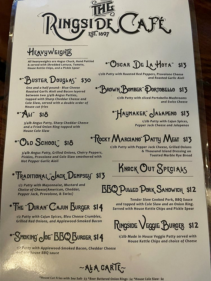 A menu that reads like boxing's hall of fame. Each heavyweight burger contender promises a different flavor combination that'll leave you down for the delicious count.