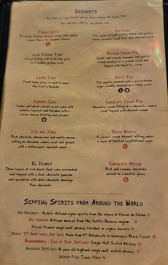 This dessert menu reads like a passport to sweet satisfaction. The "El Diablo" cake sounds sinful enough to require confession afterward.
