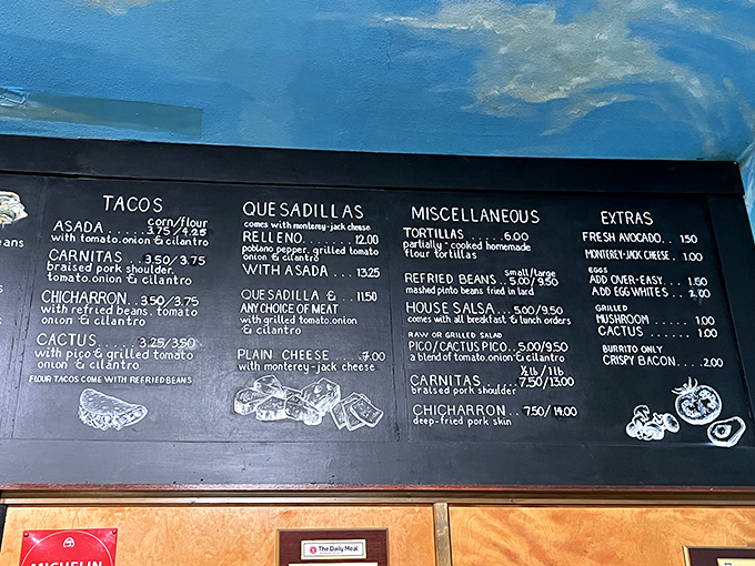 The chalkboard menu reads like a love letter to Mexican street food classics. Decisions, decisions!