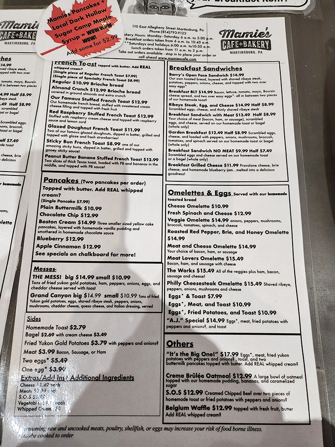 This menu isn't just a list—it's a roadmap to happiness. The "Messy" breakfast alone is worth the drive to Martinsburg.