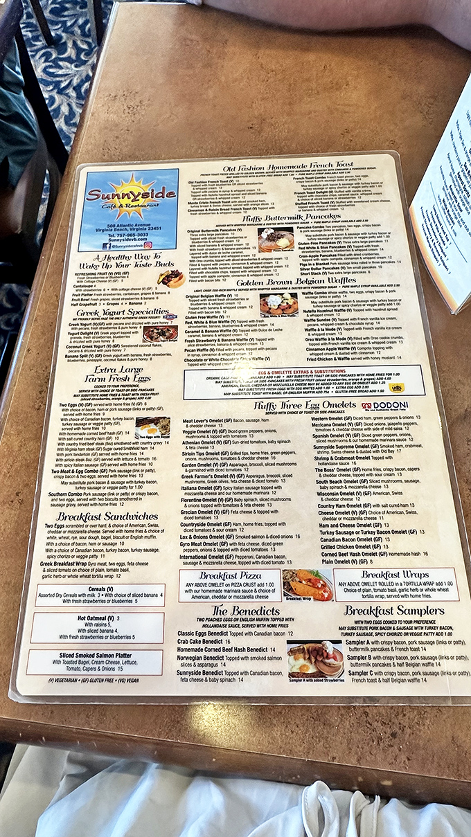 This menu deserves its own ZIP code – an epic novel of breakfast possibilities that might require reading glasses but rewards careful study.