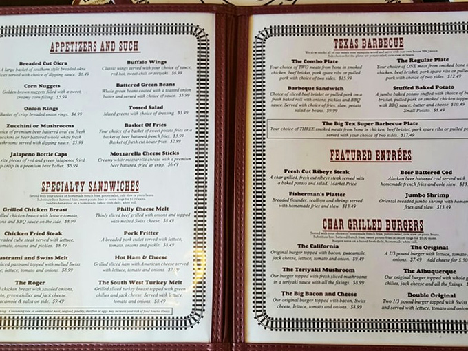 Life's big decisions happen here. The menu at Big Tex offers a mouthwatering journey from "Appetizers and Such" to barbecue platters that'll make your cardiologist wince with delight.