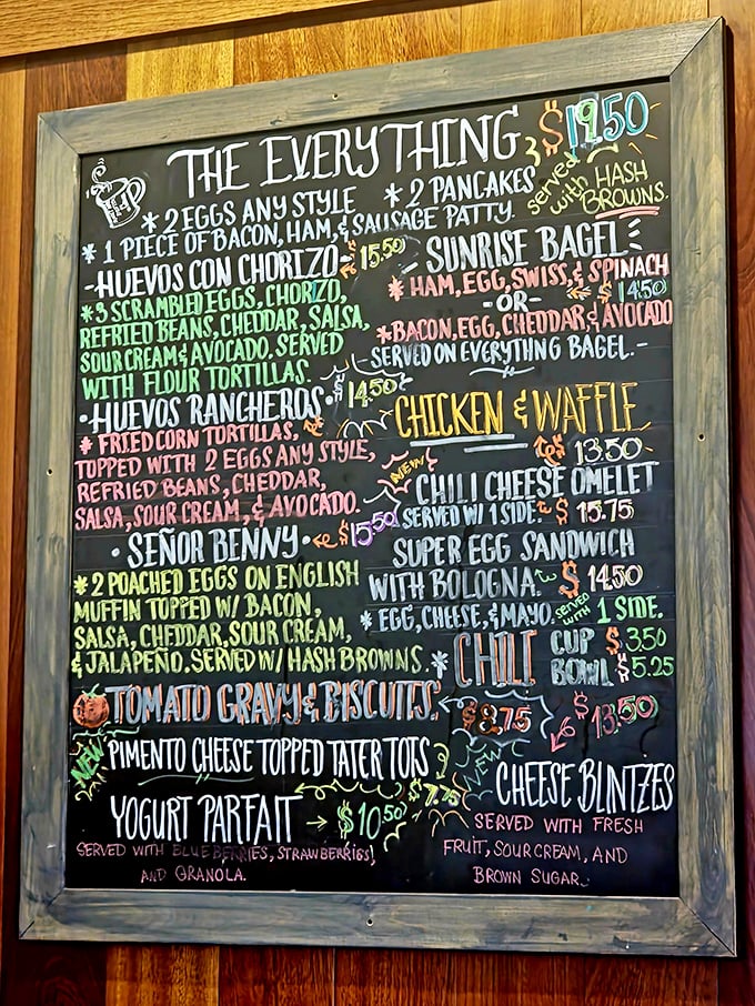 This chalkboard menu isn't just a list&mdash;it's a roadmap to happiness with delights like "The Everything" and "Se&ntilde;or Benny" promising morning bliss.