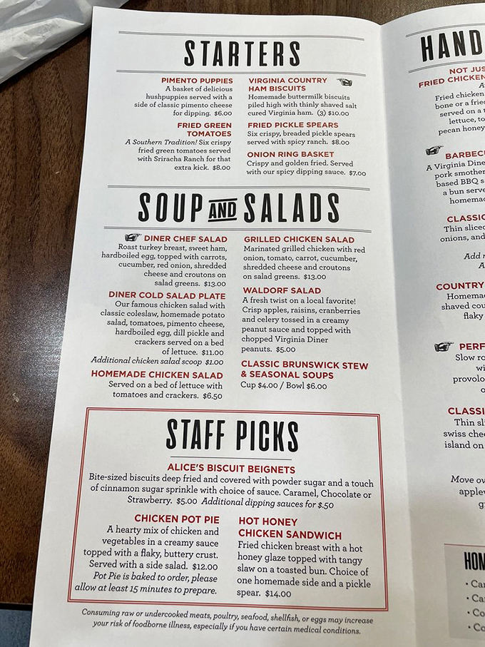 This menu reads like a love letter to Southern cuisine. Pimento puppies and fried green tomatoes? Be still my hungry heart!