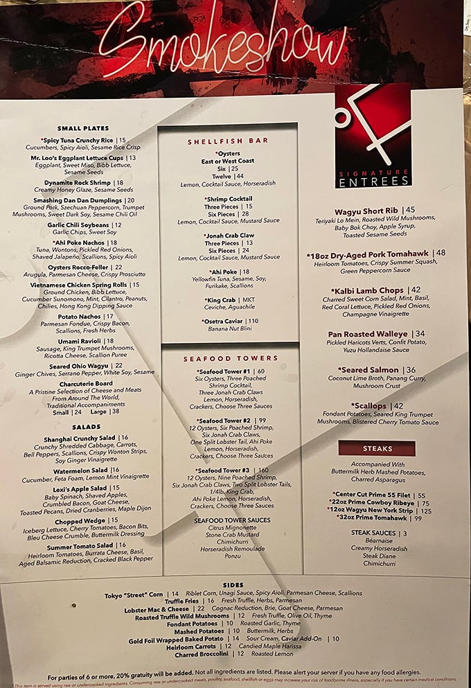 The "Smokeshow" menu lives up to its name with temptations from Wagyu Short Rib to Seafood Towers that'll make your wallet nervous but your taste buds ecstatic.