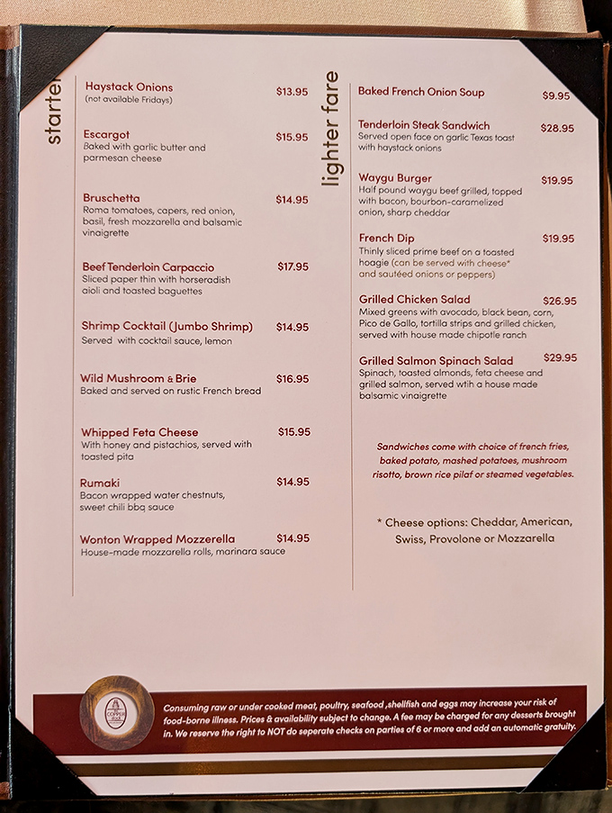 This menu reads like a love letter to comfort food, featuring everything from escargot to hearty Waygu burgers.