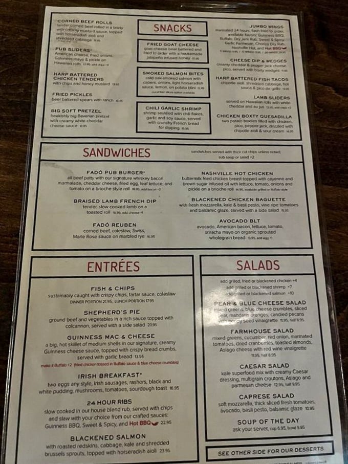 The menu reads like a love letter to Irish cuisine, with each description promising comfort and satisfaction without pretension.