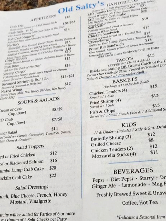 This menu reads like a love letter to the Chesapeake Bay. The jumbo lump crab cake isn't just a meal&mdash;it's Maryland's edible heritage.