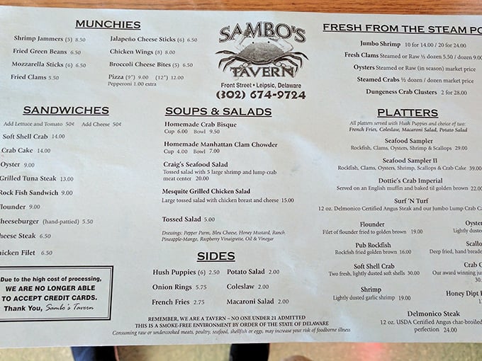 This menu isn't just a list of options&mdash;it's a treasure map to Delaware's finest seafood bounty. The "Fresh from the Steam Pot" section should be your North Star.