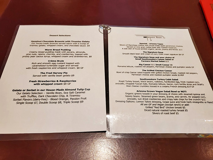 A menu that reads like a love letter to Southwestern cuisine. The Fred Harvey Pie alone is worth the pilgrimage to Winslow.