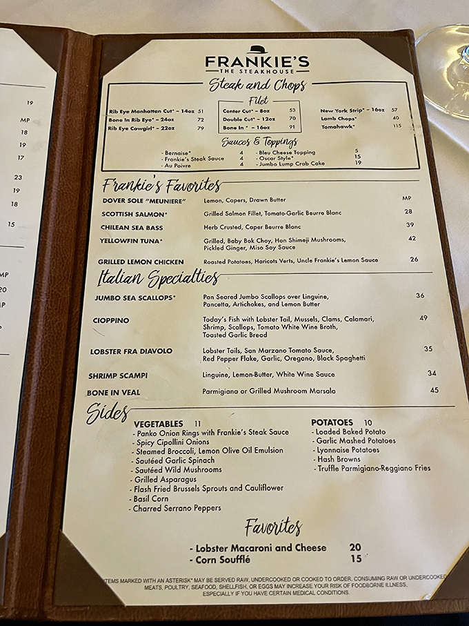 A menu that reads like poetry to carnivores. The "Frankie's Favorites" section isn't just clever marketing&mdash;it's your roadmap to satisfaction.