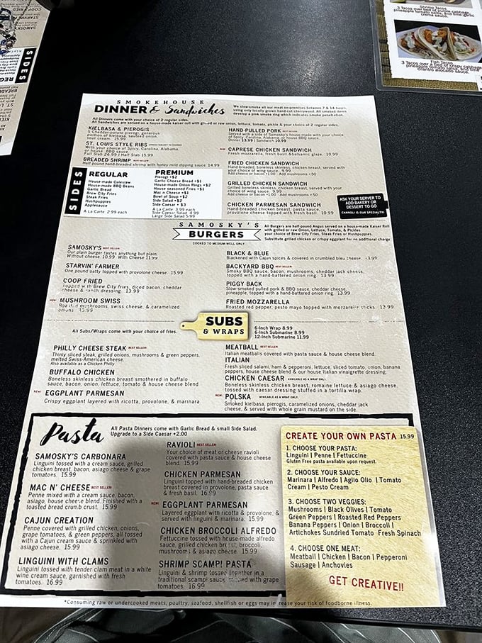 A menu that reads like a love letter to comfort food. From smokehouse sandwiches to homestyle pasta, Samosky's isn't just about pizza&mdash;though that's reason enough to visit.