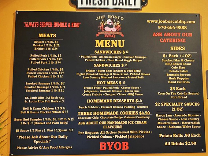 This menu board isn't just a list&mdash;it's a roadmap to barbecue nirvana, with "Always Served Humble & Kind" setting the perfect tone.