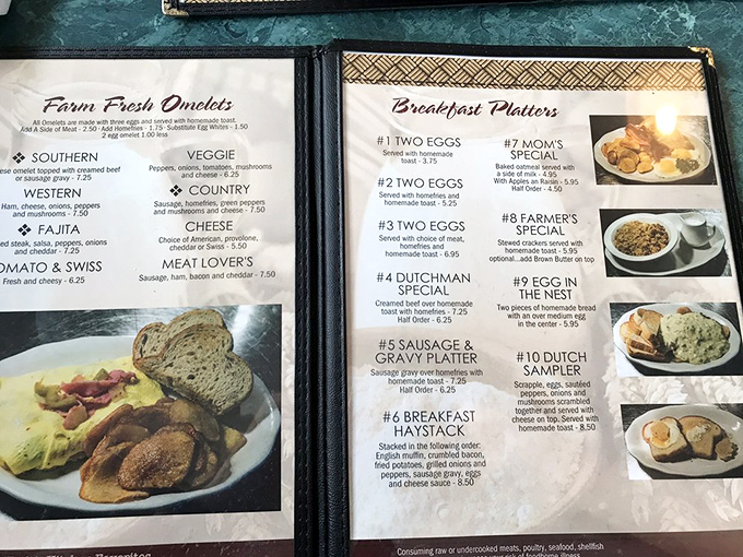 The menu reads like a love letter to Pennsylvania Dutch cooking traditions—each numbered breakfast option promising its own unique morning salvation.