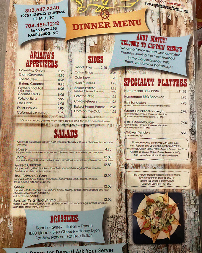 This menu isn't just a list&mdash;it's a treasure map to seafood paradise. The weathered wood background practically whispers sea shanties as you choose.