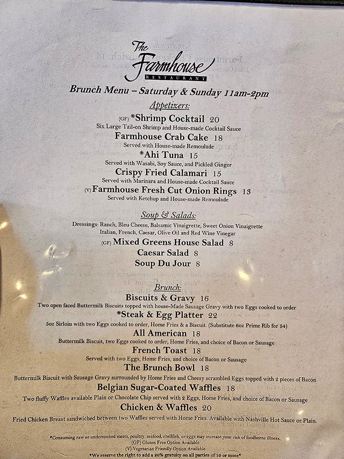 The brunch menu reads like a love letter to Southern comfort, with promises of buttermilk biscuits and Belgian waffles that could make a cardiologist weep.