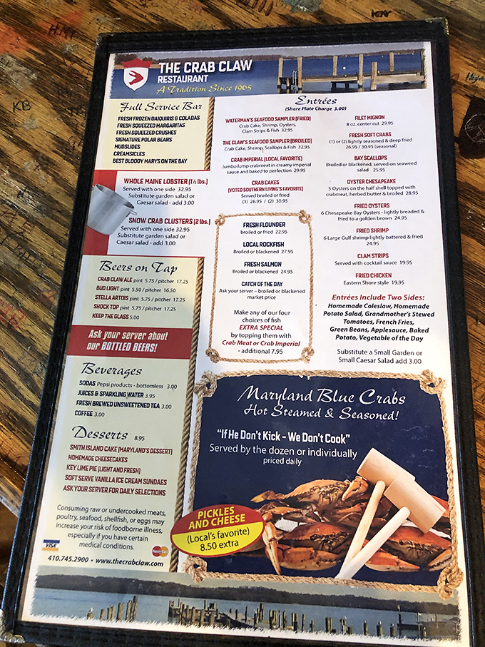 This menu isn't just a list of options&mdash;it's a treasure map to Maryland's finest seafood bounty. "If He Don't Kick, We Don't Cook" says it all.