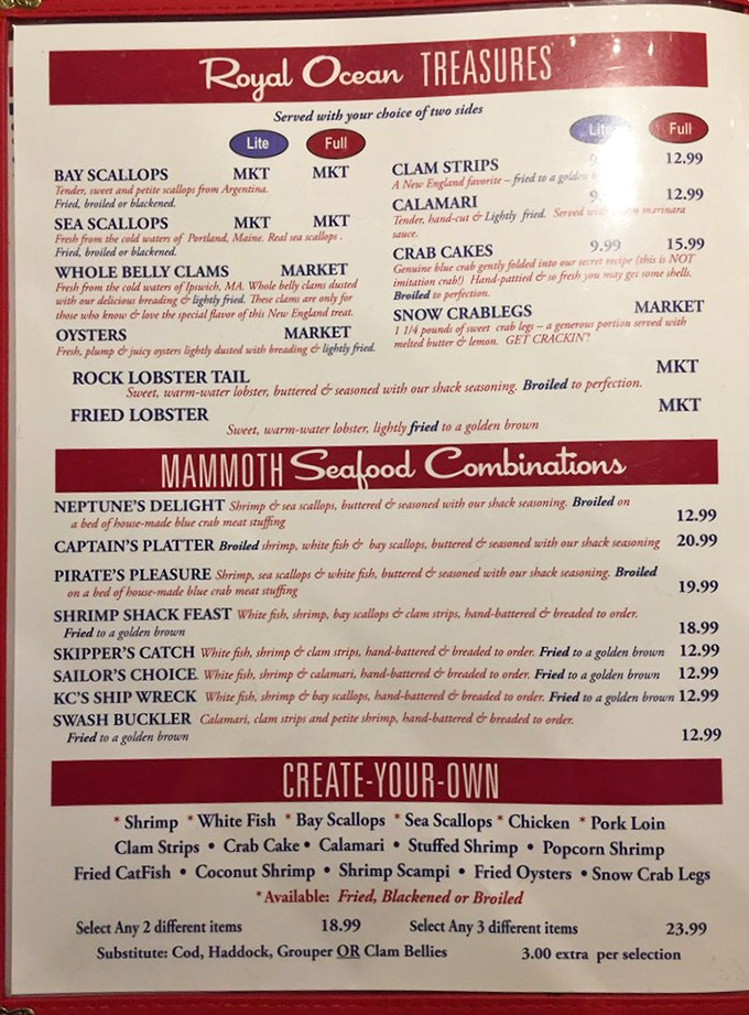 This menu isn't just a list&mdash;it's a maritime treasure map. From "Royal Ocean Treasures" to "Mammoth Seafood Combinations," adventure awaits the hungry explorer.