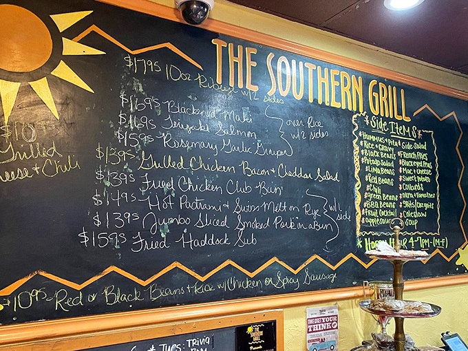 The chalkboard menu&mdash;a refreshing analog experience in our digital world&mdash;showcases Southern classics alongside unexpected treasures. Each handwritten item promises a story on a plate. 