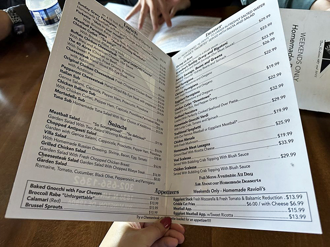 The menu reads like a love letter to Italian-American cuisine, with each description promising comfort and satisfaction in equal measure.