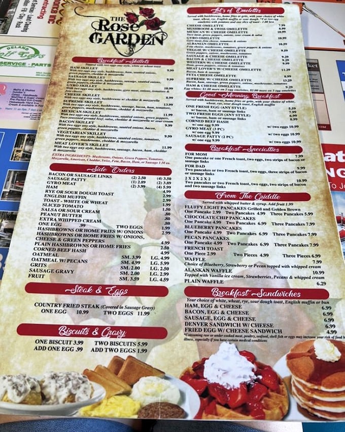 This menu isn't just a list of options&mdash;it's a roadmap to breakfast nirvana with skillets, omelets, and pancakes that could convert a morning grump.