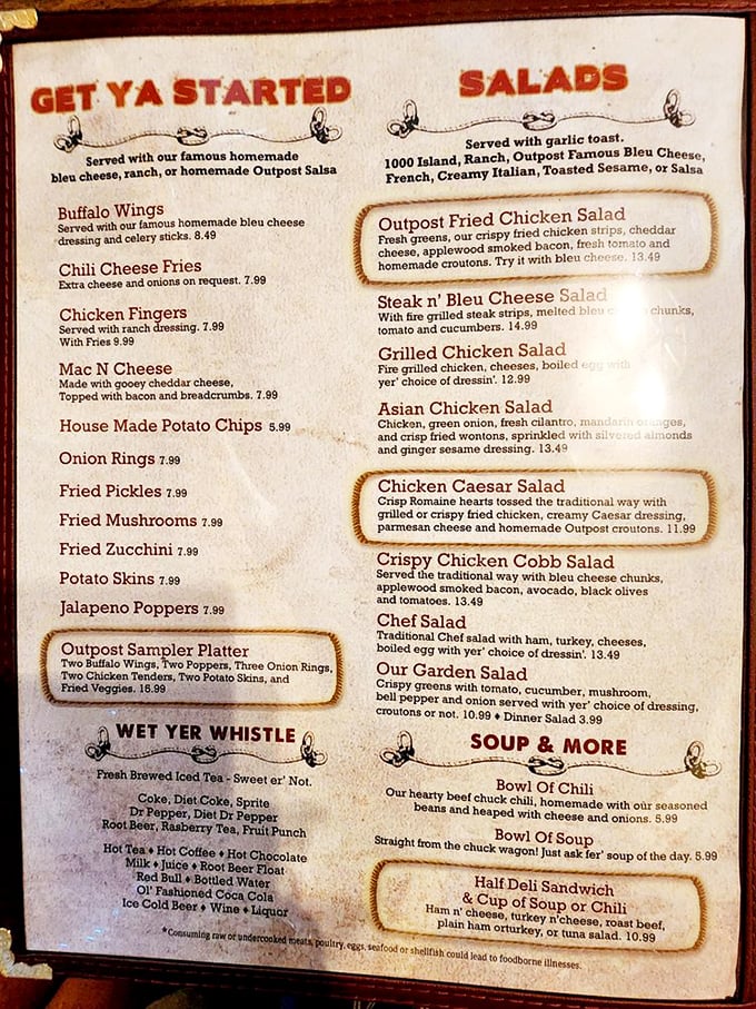 The menu reads like a love letter to American comfort food, with playful section headings that make ordering half the fun.