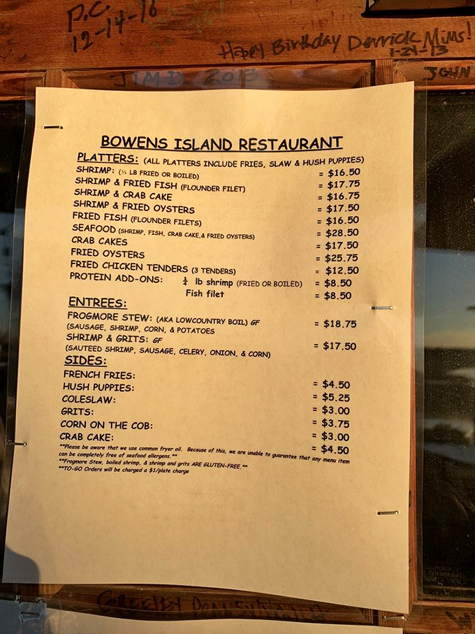 A menu that reads like poetry to seafood lovers. The Frogmore Stew alone has caused more road trips than summer vacation season
