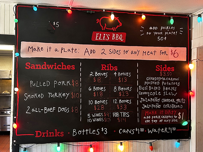 A menu that doesn't need fancy fonts or elaborate descriptions&mdash;just the honest promise of barbecue excellence illuminated by festive string lights.