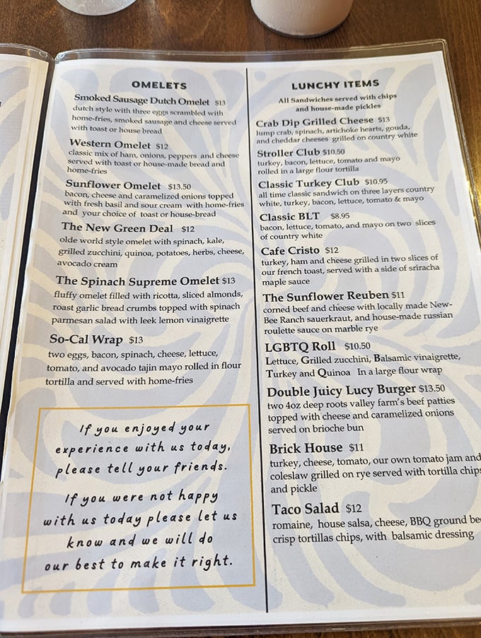 A menu that reads like breakfast poetry&mdash;where the "Sunflower Omelet" isn't just a meal, it's a morning masterpiece waiting to happen.