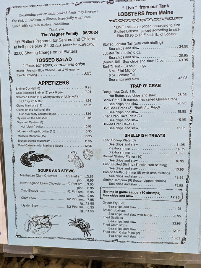 A menu that reads like poetry to seafood lovers. Notice how "sea chips and slaw" appears with delightful consistency alongside nearly every entr&eacute;e.