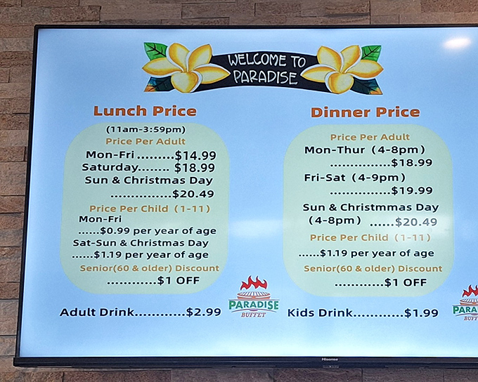 The pricing board at Paradise Buffet&mdash;possibly the only menu in Los Angeles where inflation seems to have taken a welcome vacation.