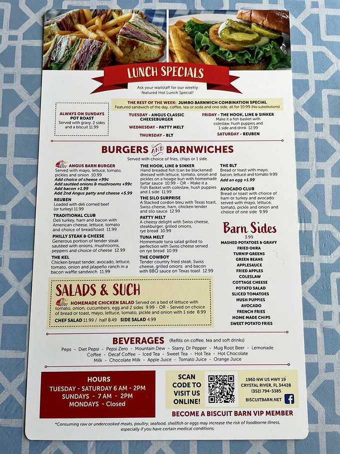 The menu reads like a love letter to Southern breakfast traditions. Each "Barnwich" promises a different path to satisfaction.