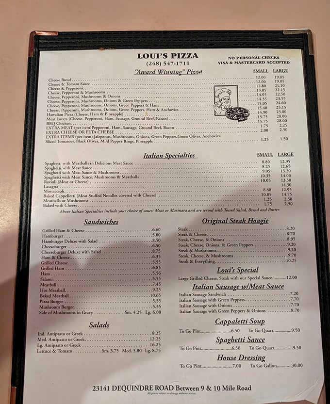 A menu that hasn't changed because perfection doesn't need updating. Detroit-style pizza and Italian classics await your decision.
