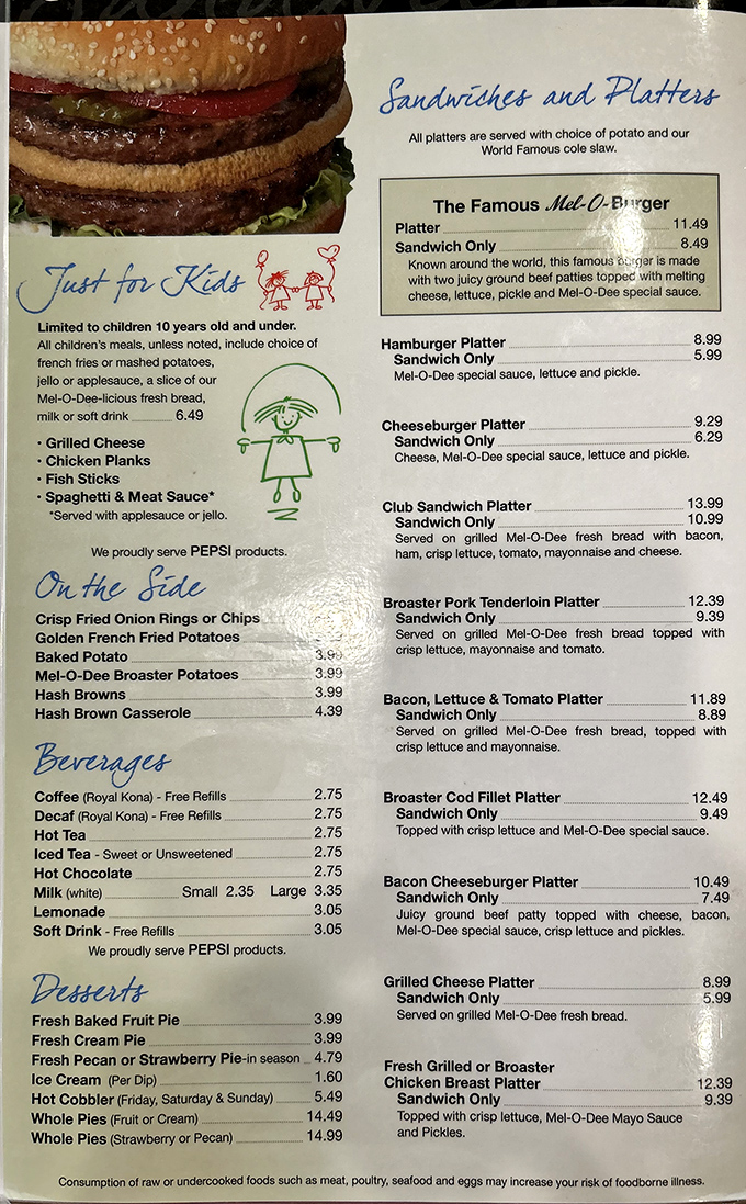 A menu that tells the whole story: "Famous Mel-O-Burger" isn't marketing hyperbole&mdash;it's a promise kept with every order.