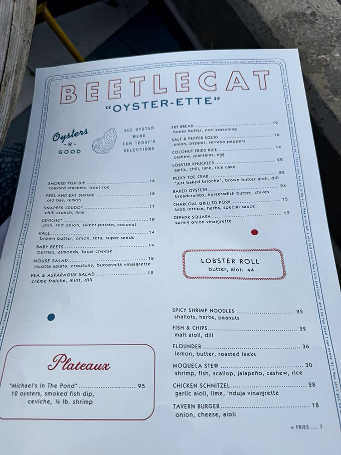 This menu isn't just a list&mdash;it's a maritime treasure map. The lobster roll commands its own special box for good reason.