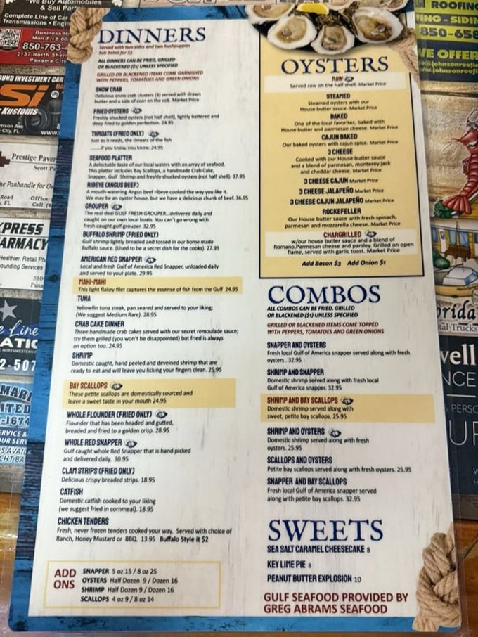 This menu isn't just a list&mdash;it's a treasure map to Gulf Coast delicacies where every "Market Price" promises an adventure worth taking.