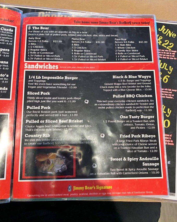 This menu reads like BBQ poetry&mdash;from family-sized "Bear" platters to sandwiches that make vegetarians question their life choices.