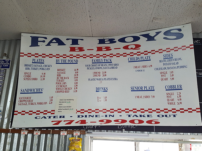 The menu board at Fat Boy's speaks the universal language of Texas BBQ &ndash; straightforward options with no pretense, just promise.