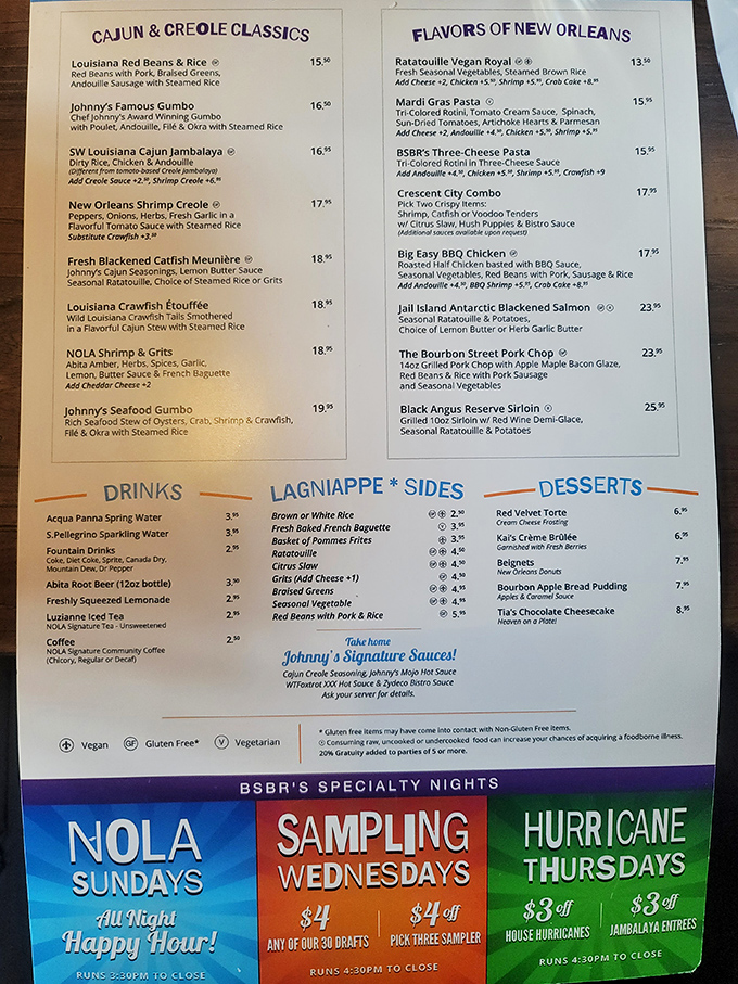 This menu isn't just reading material&mdash;it's a treasure map where X marks the jambalaya. The holy trinity of Cajun cooking appears in almost every savory offering.