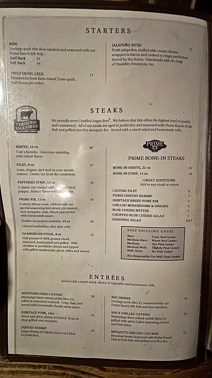 A menu that reads like poetry to carnivores. Notice they're "not responsible for well-done steaks"&mdash;a philosophy that should extend to life itself.