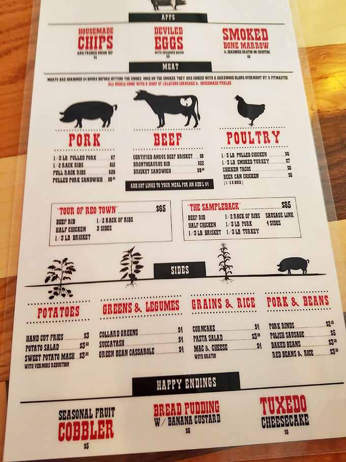 A menu that reads like barbecue poetry. Notice those deviled eggs with jalapeño bacon sitting proudly at the top—they're not messing around.