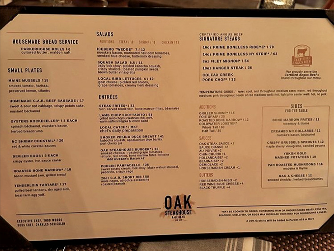 A menu that reads like poetry to carnivores. Notice how your eyes immediately gravitate to those signature steaks.