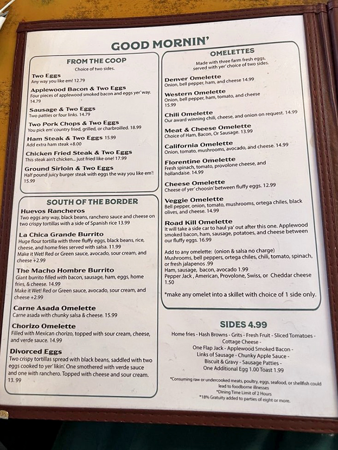 The menu reads like a love letter to morning indulgence. That "Road Kill Omelet" isn't for the faint of heart—or small of appetite.