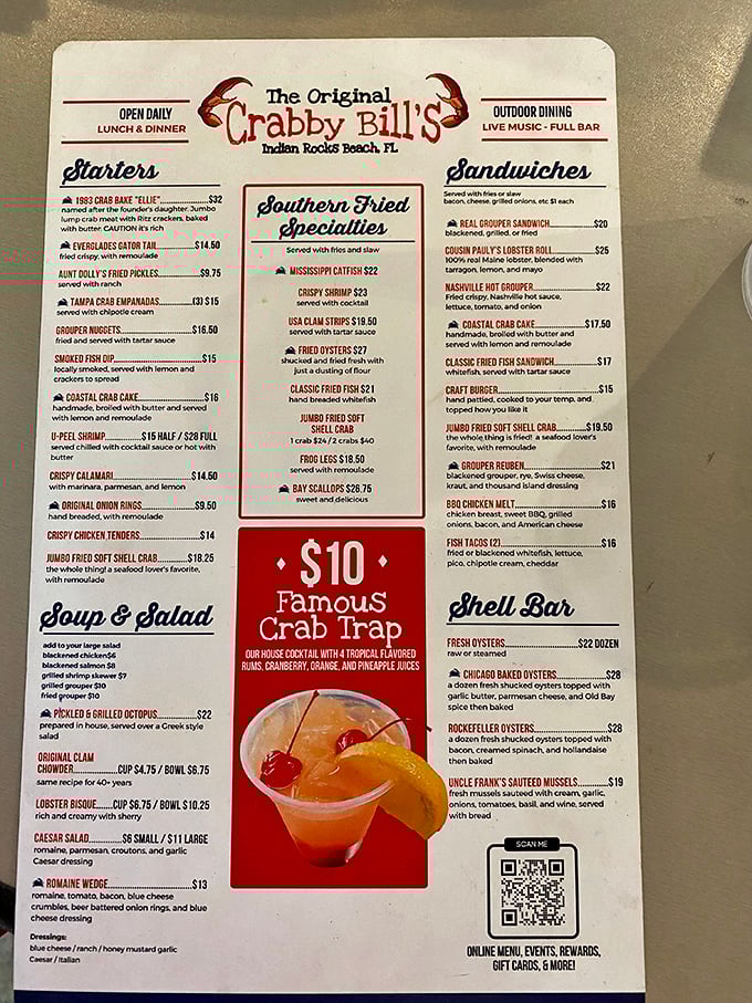 The menu reads like a love letter to the Gulf of Mexico&mdash;grouper sandwiches, stone crab claws, and that famous "Crab Trap" cocktail calling your name.